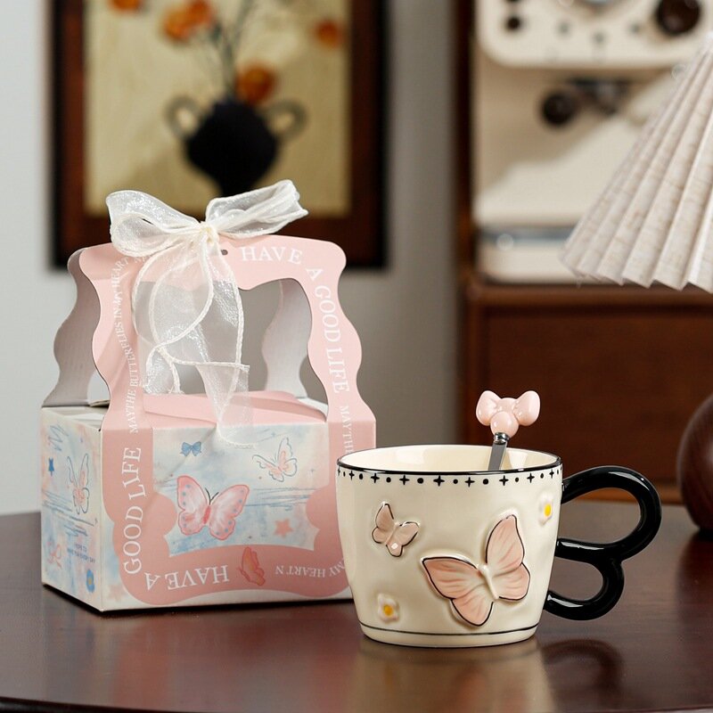 Чашка с розовой бабочкой, керамическая чашка, кофейная чашка