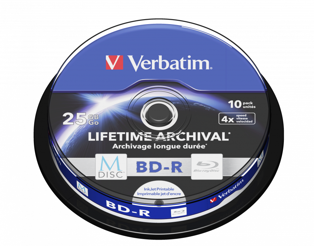 Оптический диск Verbatim BD-R 25GB 4X MDISC Lifetime archival Inkjet Printable, Spindle, 10 шт