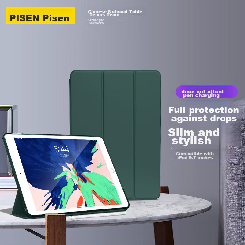 PISEN Compatible with IPad 5/6/Air2 9.7-Inch Protective Case 2018 Model, Apple Tablet Cover, Full Protection Shockproof Slim Semi-Transparent Tri-Fold, Dark Night Green