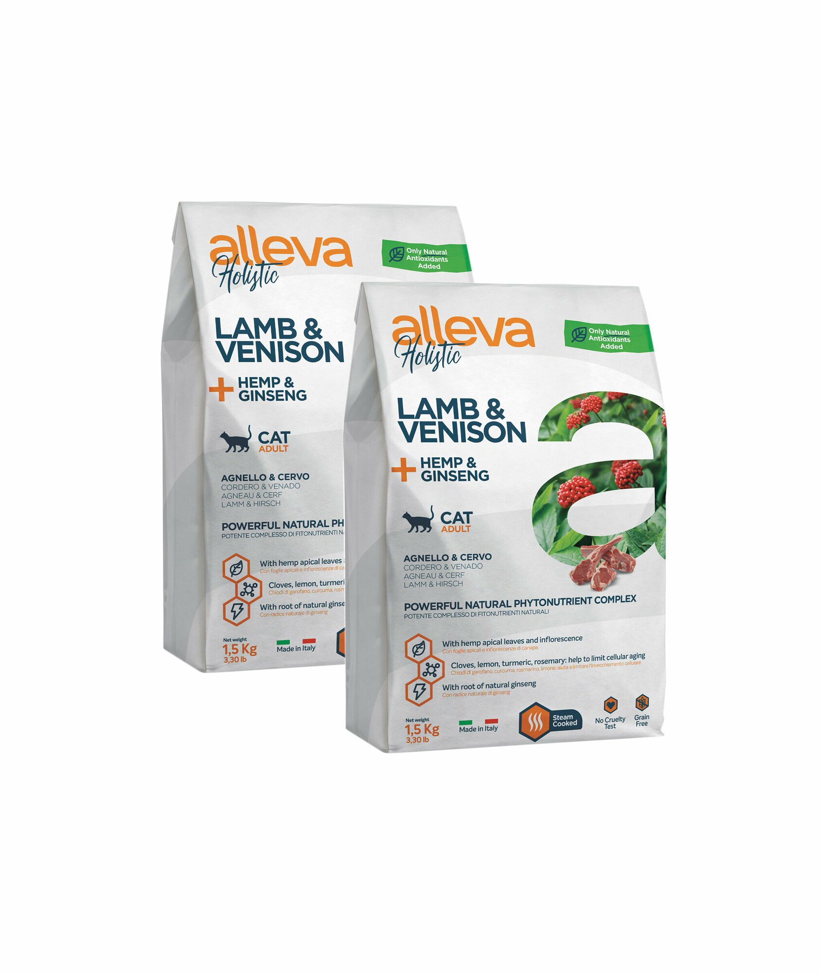 ALLEVA HOLISTIC ADULT CAT LAMB & VENISON беззерновой для взрослых кошек с ягненком, олениной, коноплей и женьшенем (1,5 + 1,5 кг)