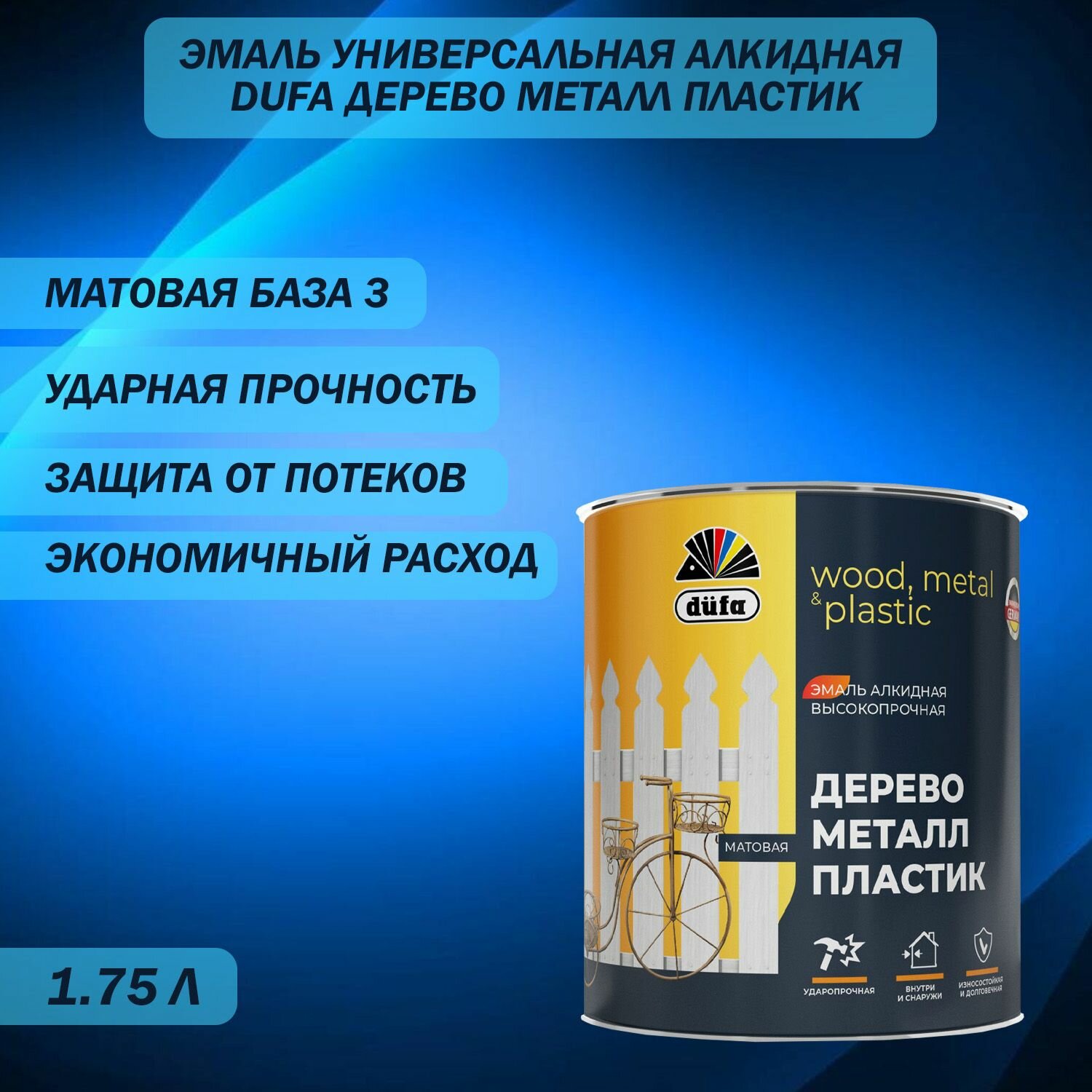 Эмаль универсальная алкидная Dufa Дерево металл пластик матовая база 3 прозрачная 1.75 л