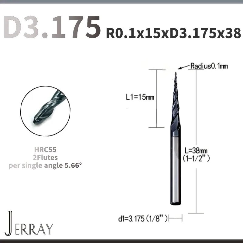 JERRAY R0.1 D3.175 4 6 8 мм твердосплавные вольфрамовые конические сферические концевые фрезы для обработки древесины с ЧПУ 2D 3D резьбовые фрезы R0.1X15XD3.175X38