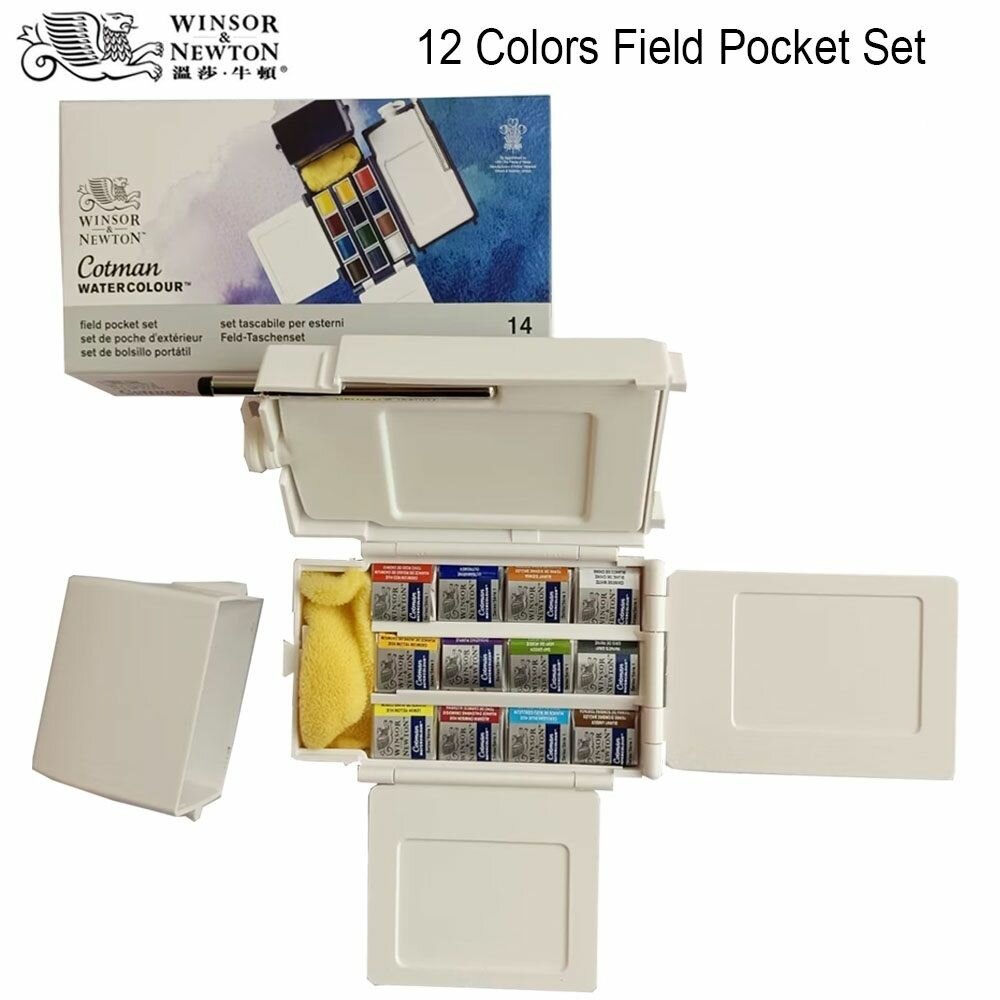 Акварель Winsor&Newton Краски акварельные Cotman 12 цв + кисть, чайник, губки