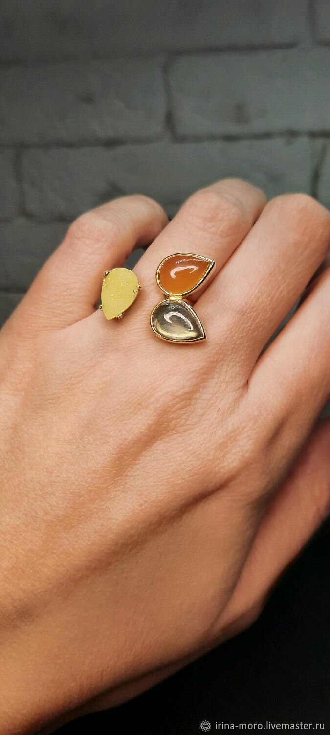 Кольцо, агат, лабрадорит, нефрит