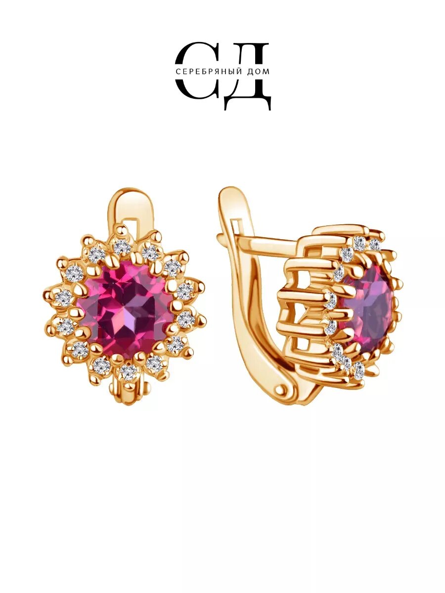 Серьги Серебряный Дом, серебро, 585, 925 проба, золочение, фианит, топаз