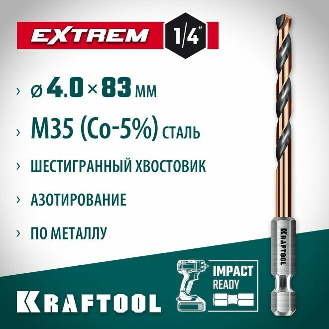 Сверло по металлу для винтовёртов и шуруповертов IMPACT READY, KRAFTOOL НЕХ-1/4", d 4.0 х 83 мм