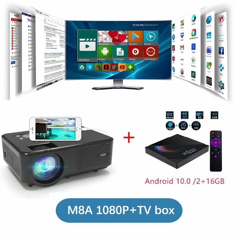 Проектор everycom m8 1080p мини-светодиодный для домашнего кинотеатра full hd 5500 люмен 5g wifi многоэкранный смартфон с жк-дисплеем pico movie
