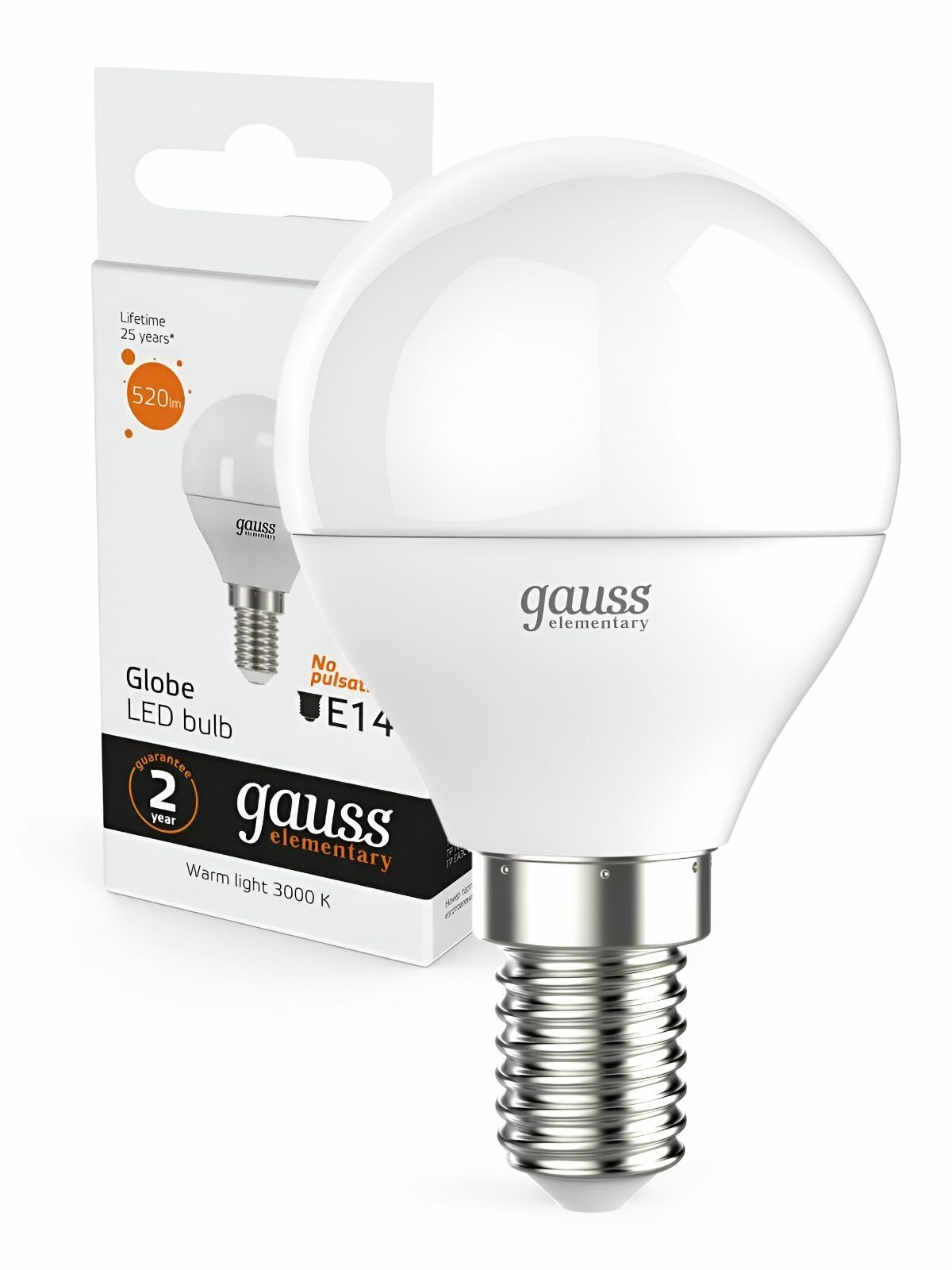 Лампочка светодиодная Е14 Gauss Elementary Шар 520лм 8Вт 3000K