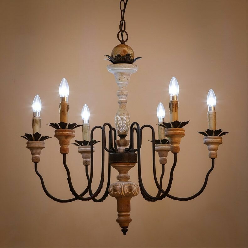 Белая деревянная люстра в стиле барокко с 6 головками -kpa