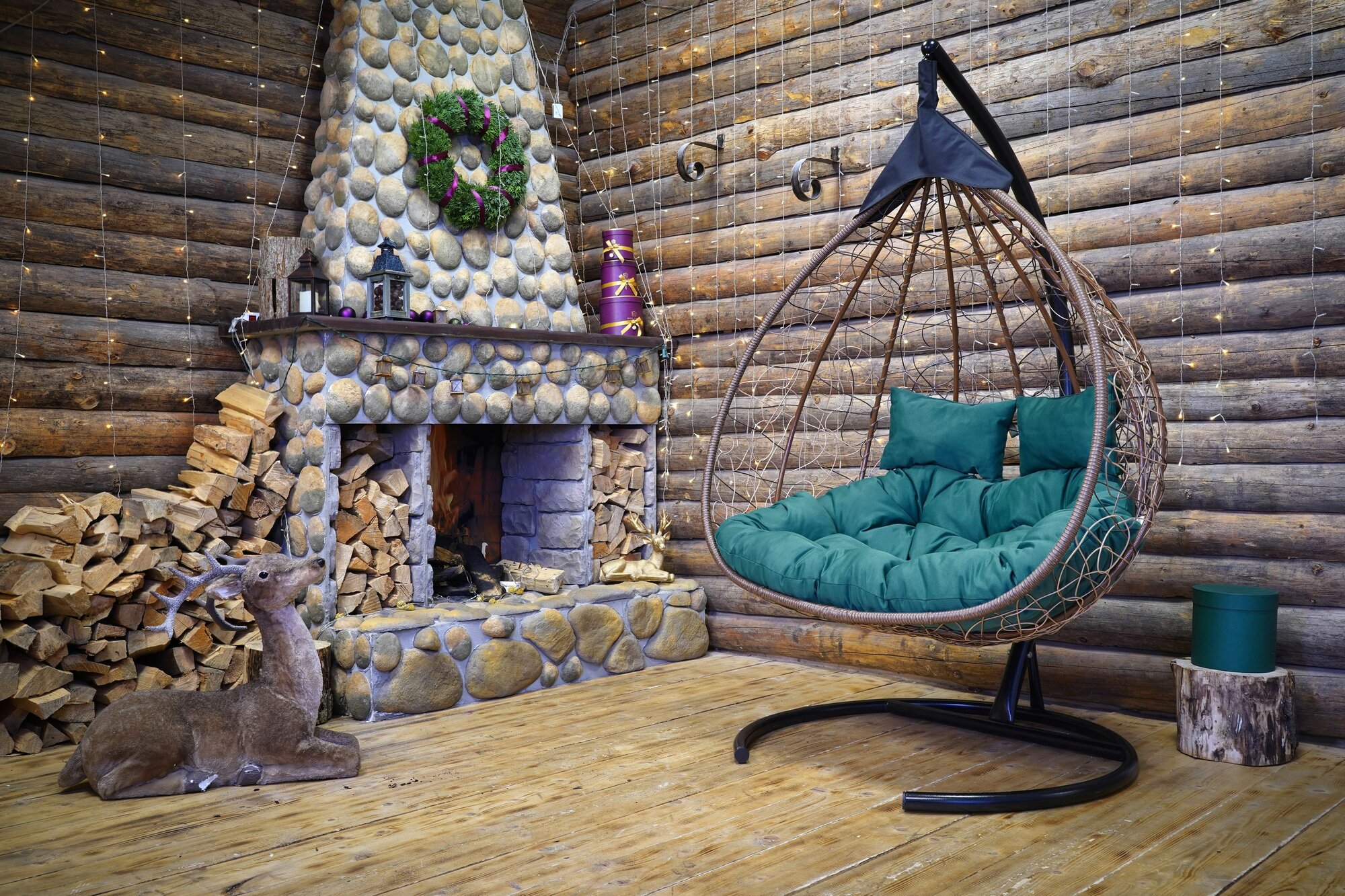 Подвесное двухместное кресло-кокон FISHT горячий шоколад (зеленая подушка, полиэстер)