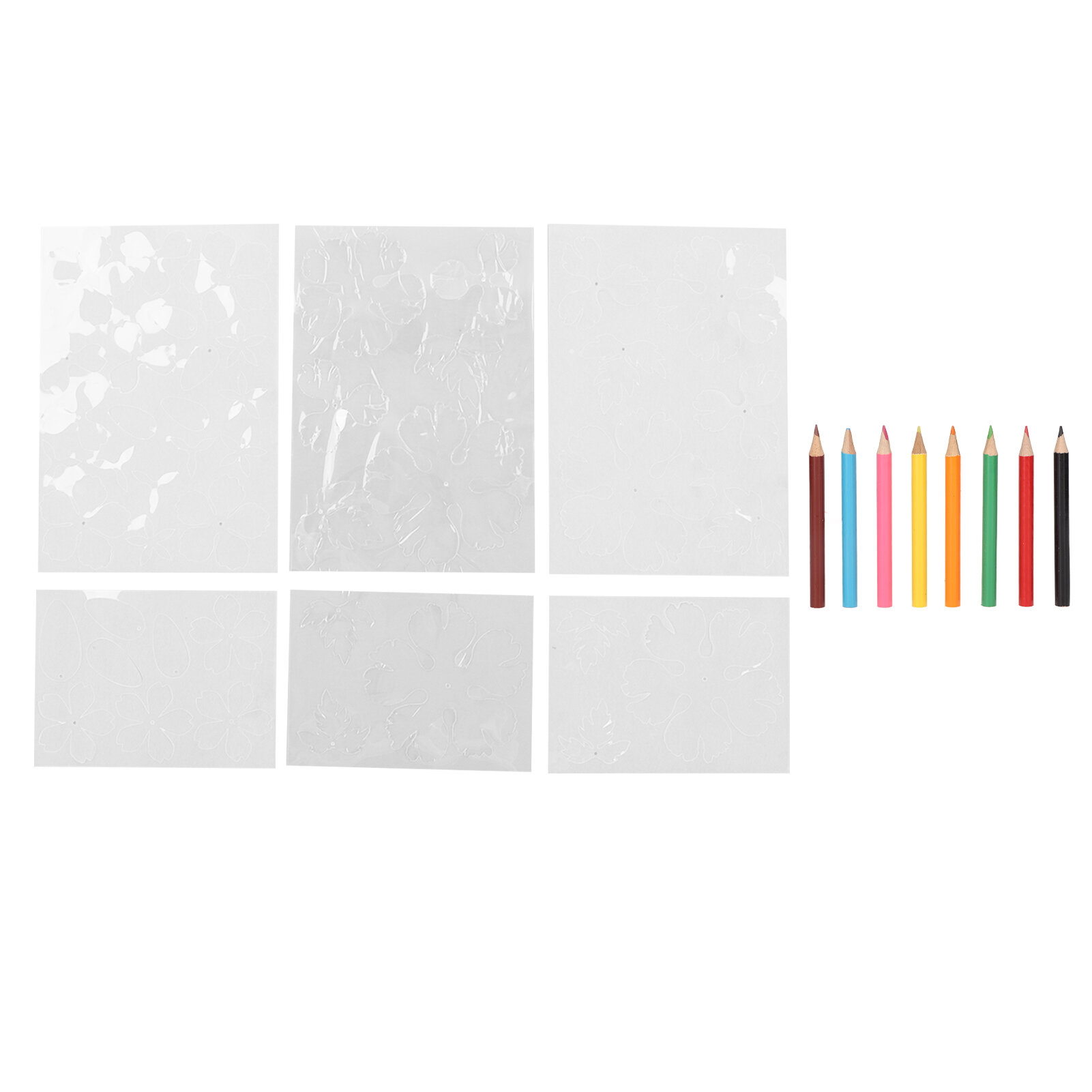 Набор из 6 листов термоусадочной бумаги с цветочным рисунком и 8 цветными карандашами, предварительно нарезанными с двух сторон. Набор для самостоятельного изготовления термоусадочной пленки BOPS для начинающих.