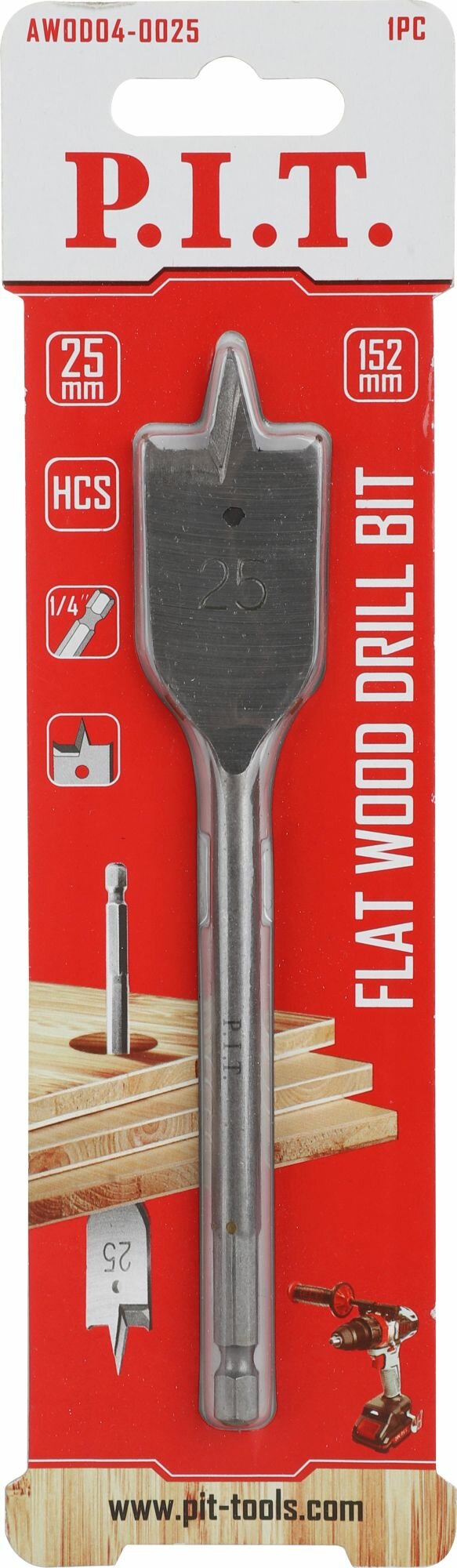Сверло по дереву перовое P.I.T. AWOD04-0025, хвостовик HEX 1/4", d: 25 мм
