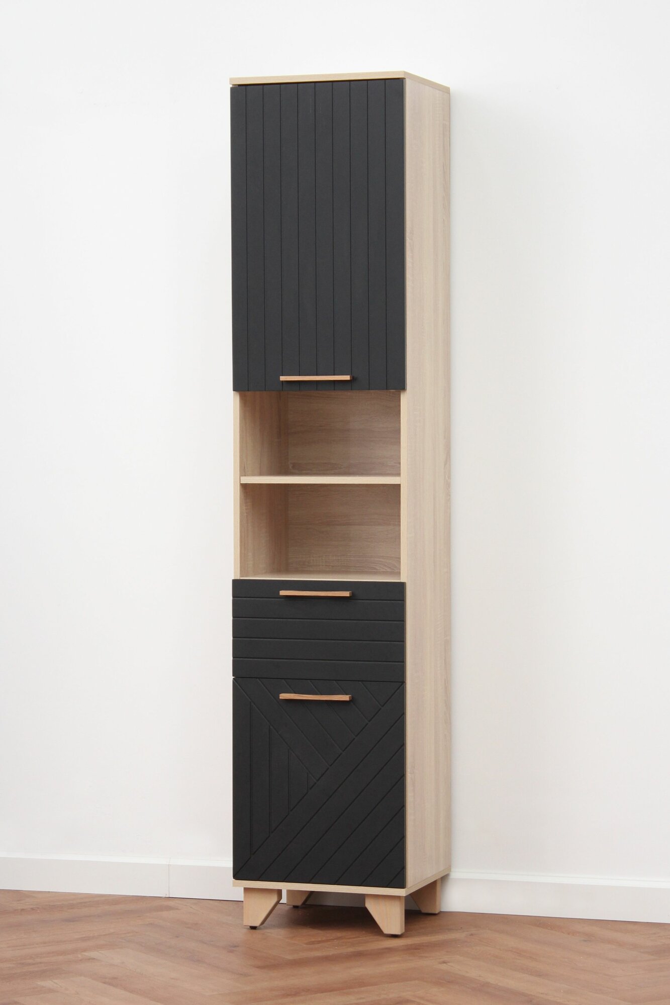 Шкаф пенал Копенгаген с нишей Дуб Сонома / Черный матовый левый (12 Стульев)