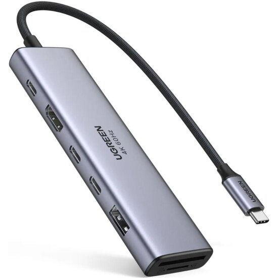 Хаб (разветвитель) Ugreen CM511 7 в 1: USB-C - HDMI+2xUSB-C 3.2+1xUSB-A 3.2+SD/TF+PD, 4Kх60Гц, серый (45521)