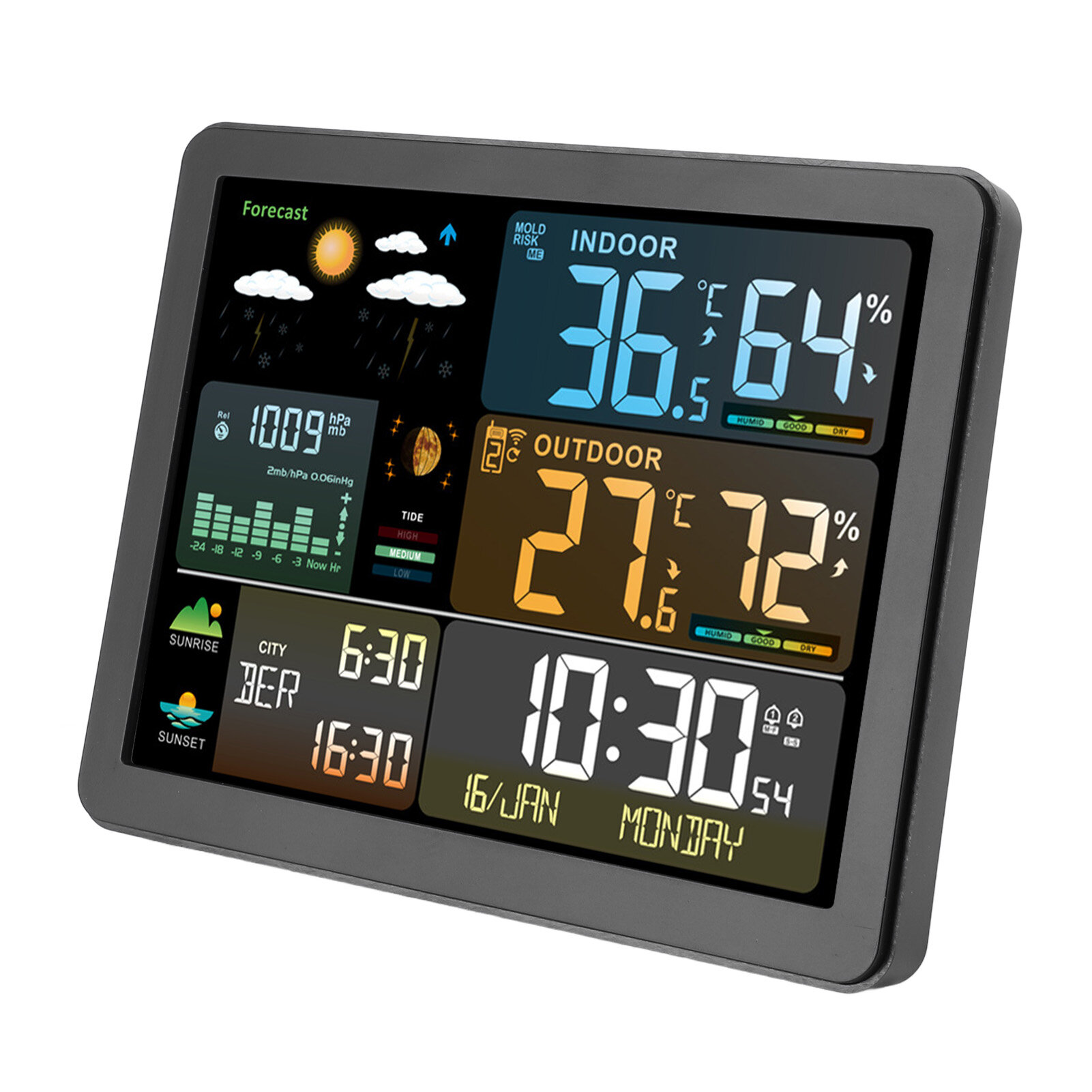 Беспроводная метеостанция с цветным дисплеем, цифровой температурой, влажностью, фазами Луны, прогнозом погоды для помещений и улицы