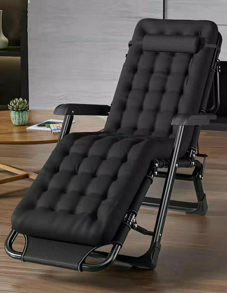 Кресло-шезлонг, складное, черное, с подголовником, с подлокотниками, металл, текстиль, 176 см x 60 см x 33 см