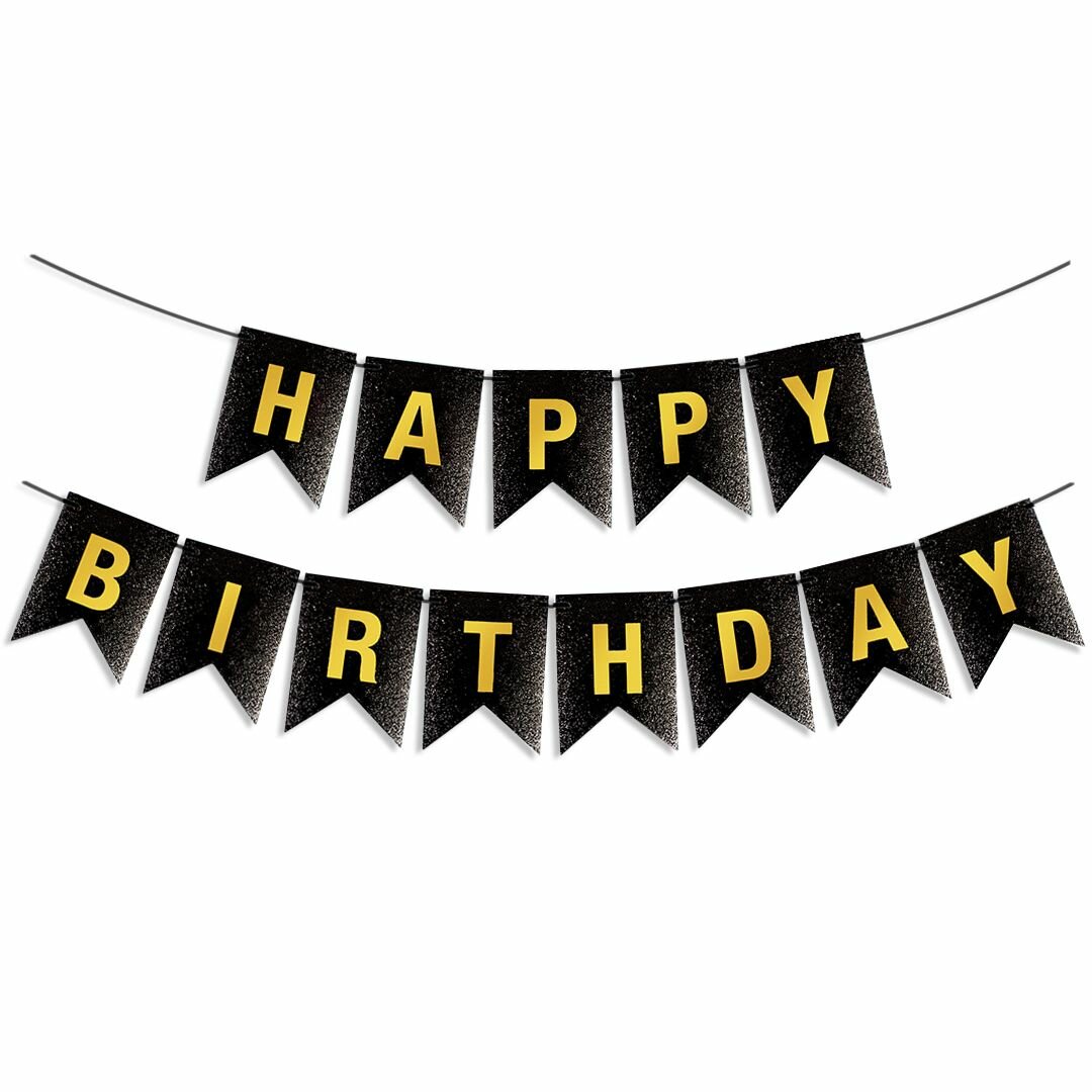 Гирлянда бумажная Волна веселья Флажки Happy Birthday, Цвет черный, Золото Металлик с блестками, 350 см