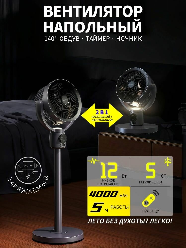 Вентилятор напольный с дистанционным управлением, 5 скоростей, usb-зарядка, таймер, ночник, съемный для очистки, напольный и настольный 2-в-1