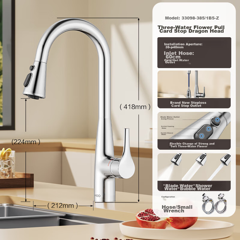 JOMOO Pull-Out And Hover Kitchen Faucet, Hot And Cold Water, Rotatable, Three-Level Switching Faucet, 33098-385/1B5