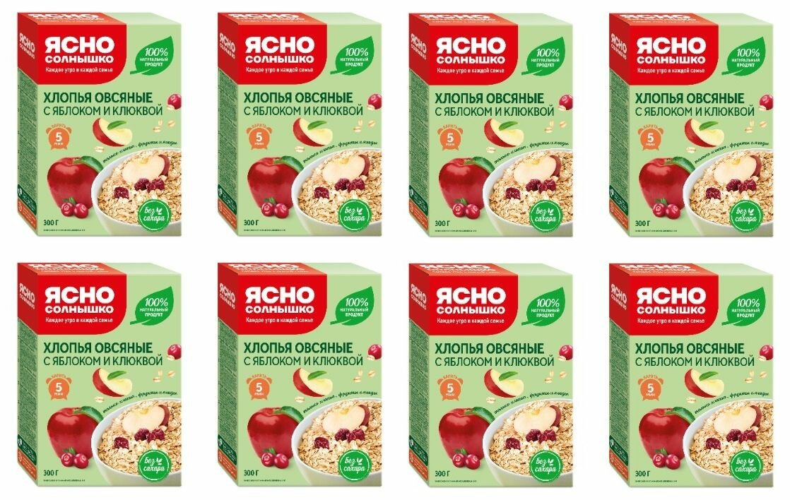 Ясно солнышко Хлопья овсяные с яблоком и клюквой, 300 г, 8 уп в коробке