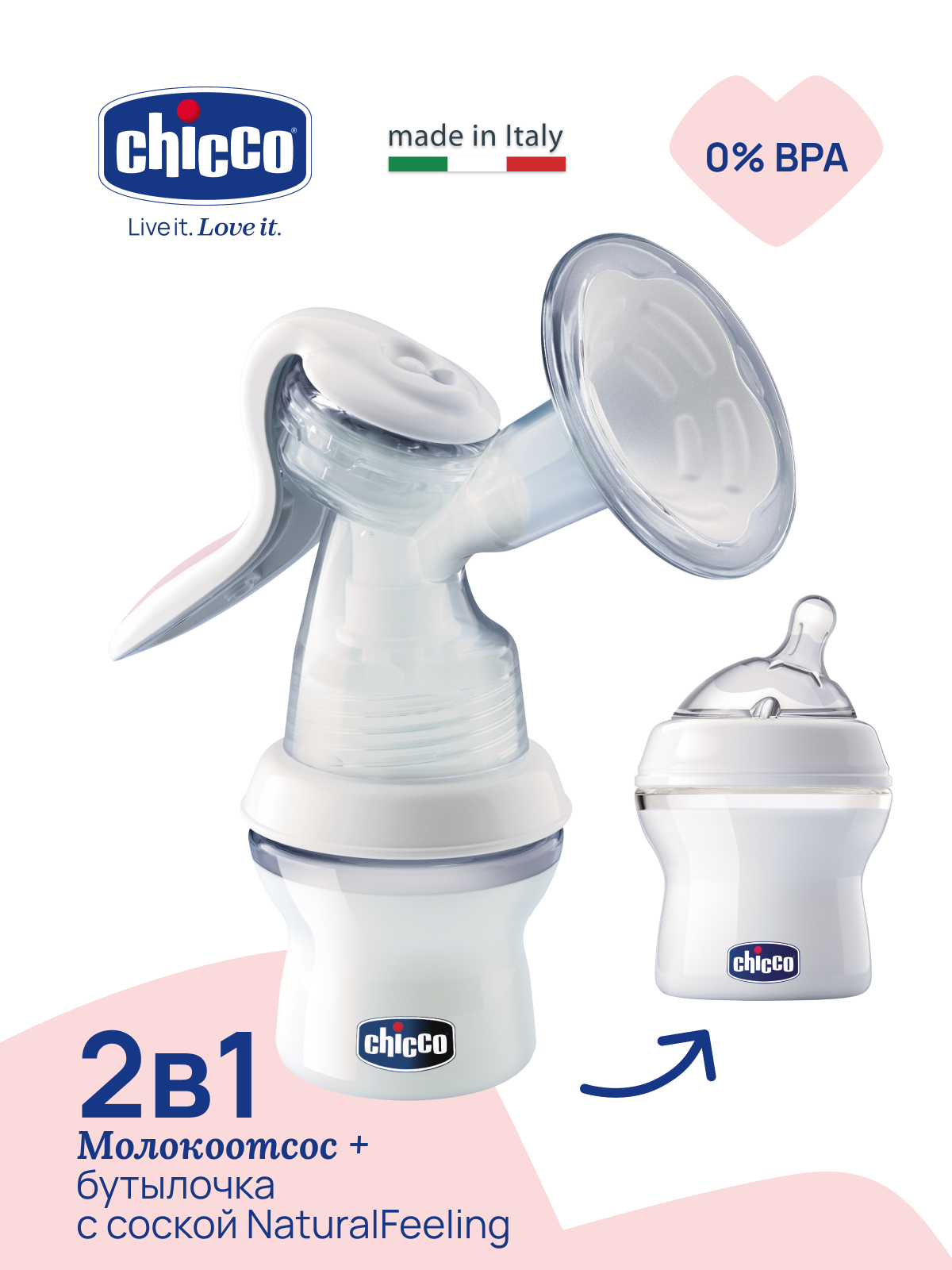 Молокоотсос ручной Chicco Natural Feeling 0+ с бутылочкой с соской