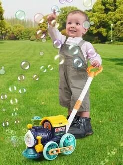 Развивающая музыкальная игрушка каталка для малышей с ручкой: Паровозик генератор мыльных пузырей