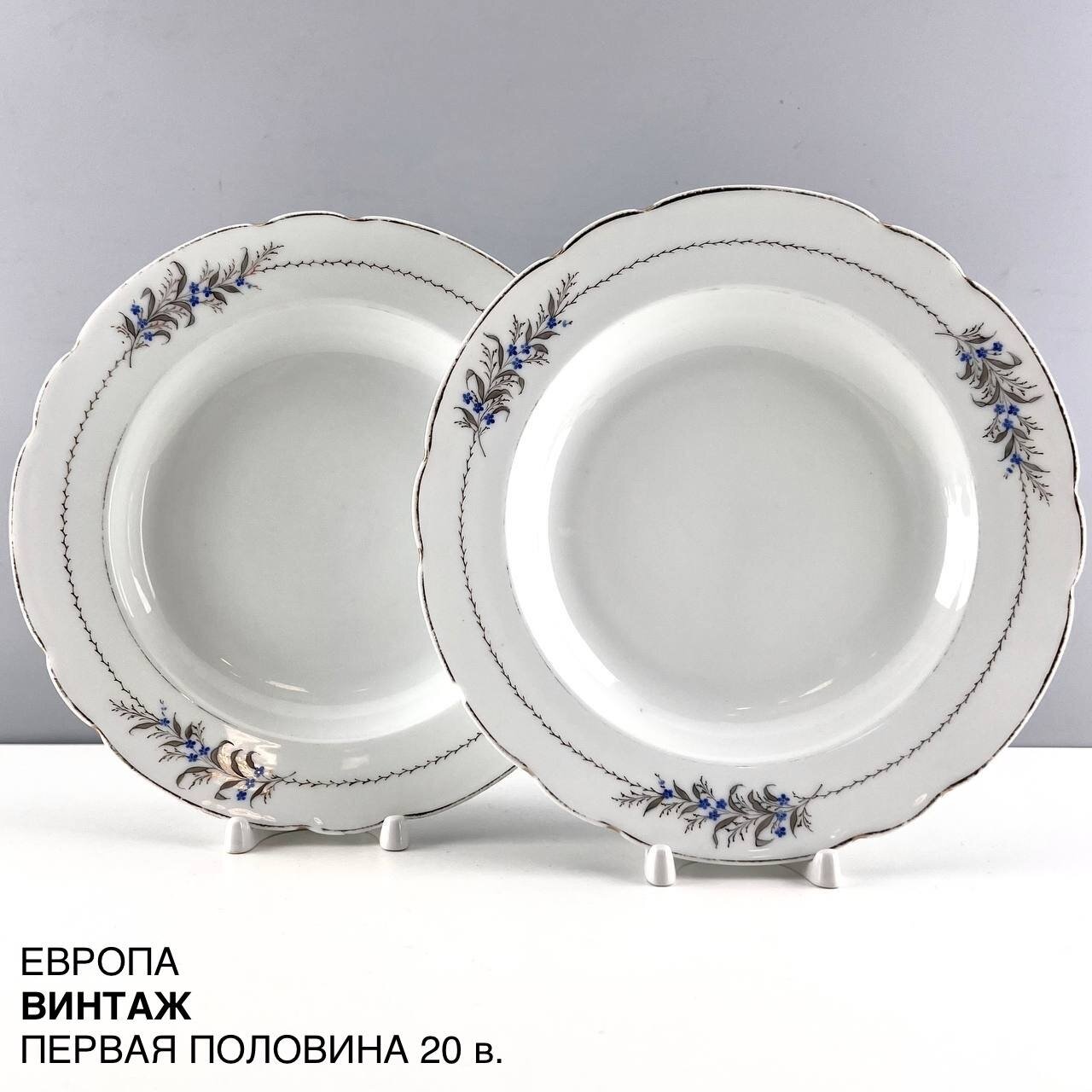 Старинные суповые тарелки "Незабудки". Фарфор. Западная Европа, первая половина XX века.