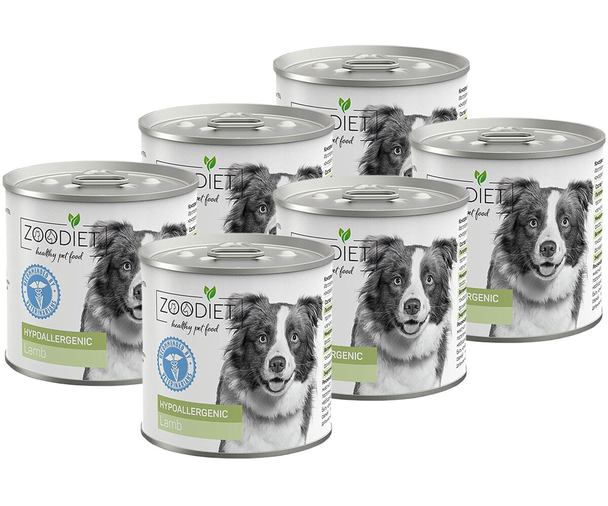 Влажный корм Zoodiet Hypoallergenic Lamb для взрослых собак при аллергии с ягненком банка, 240 гр х 6 шт