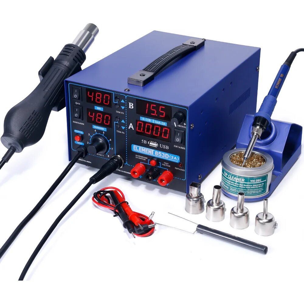 Паяльная станция со встроенным блоком питания ELEMENT 853D 15v/2А, для пайки и демонтажа различных видов компонентов
