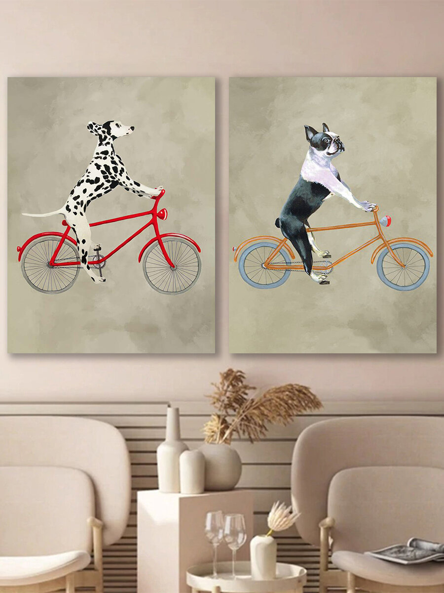Картина модульная на стену / композиция из 2-х картин, "Собаки на велосипеде", 70х100 см.