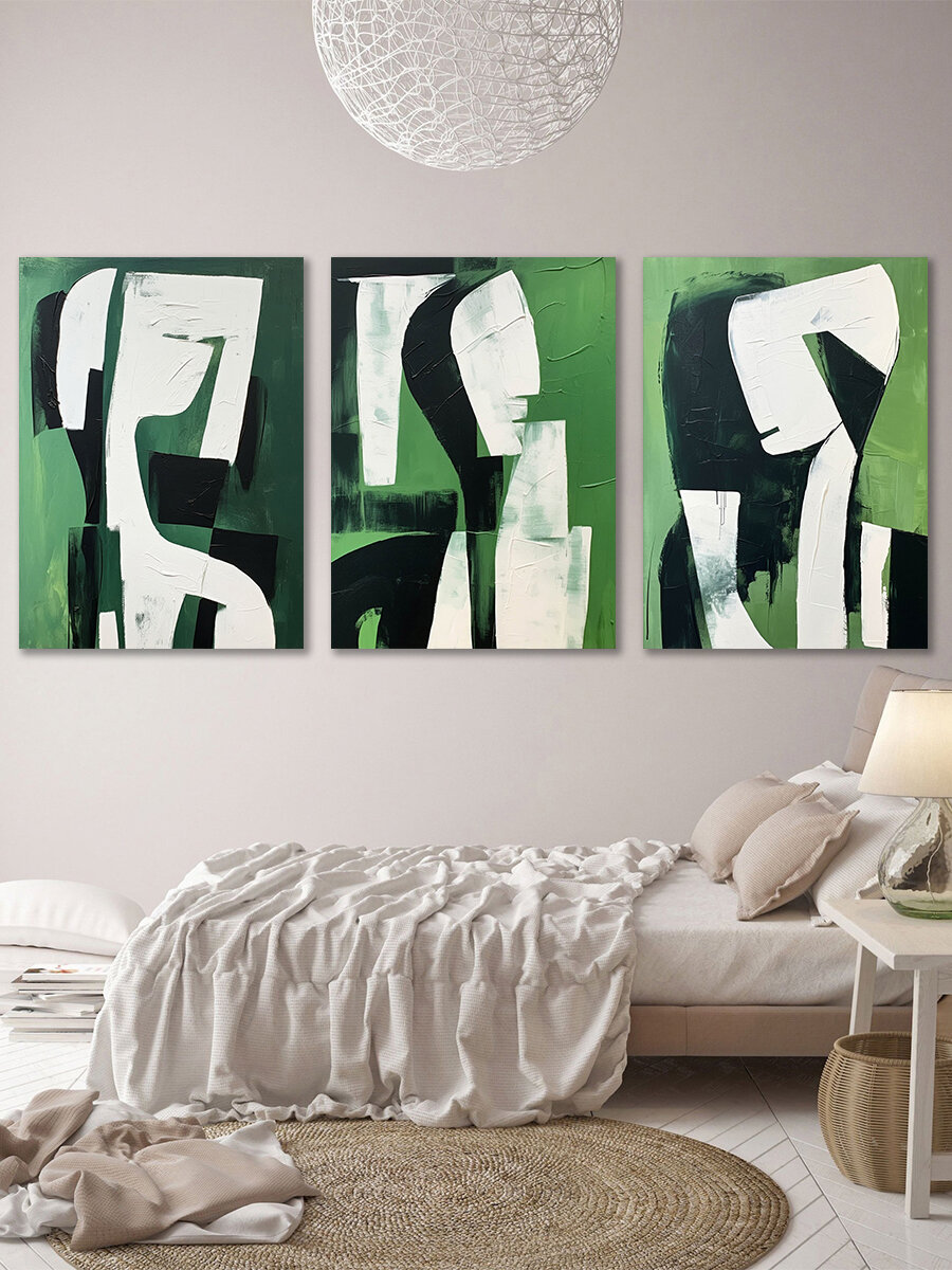 Модульные картины на стену / триптих - "Зеленая абстракция, лица и силуэты", картина 3 шт, модуль 40х90 см