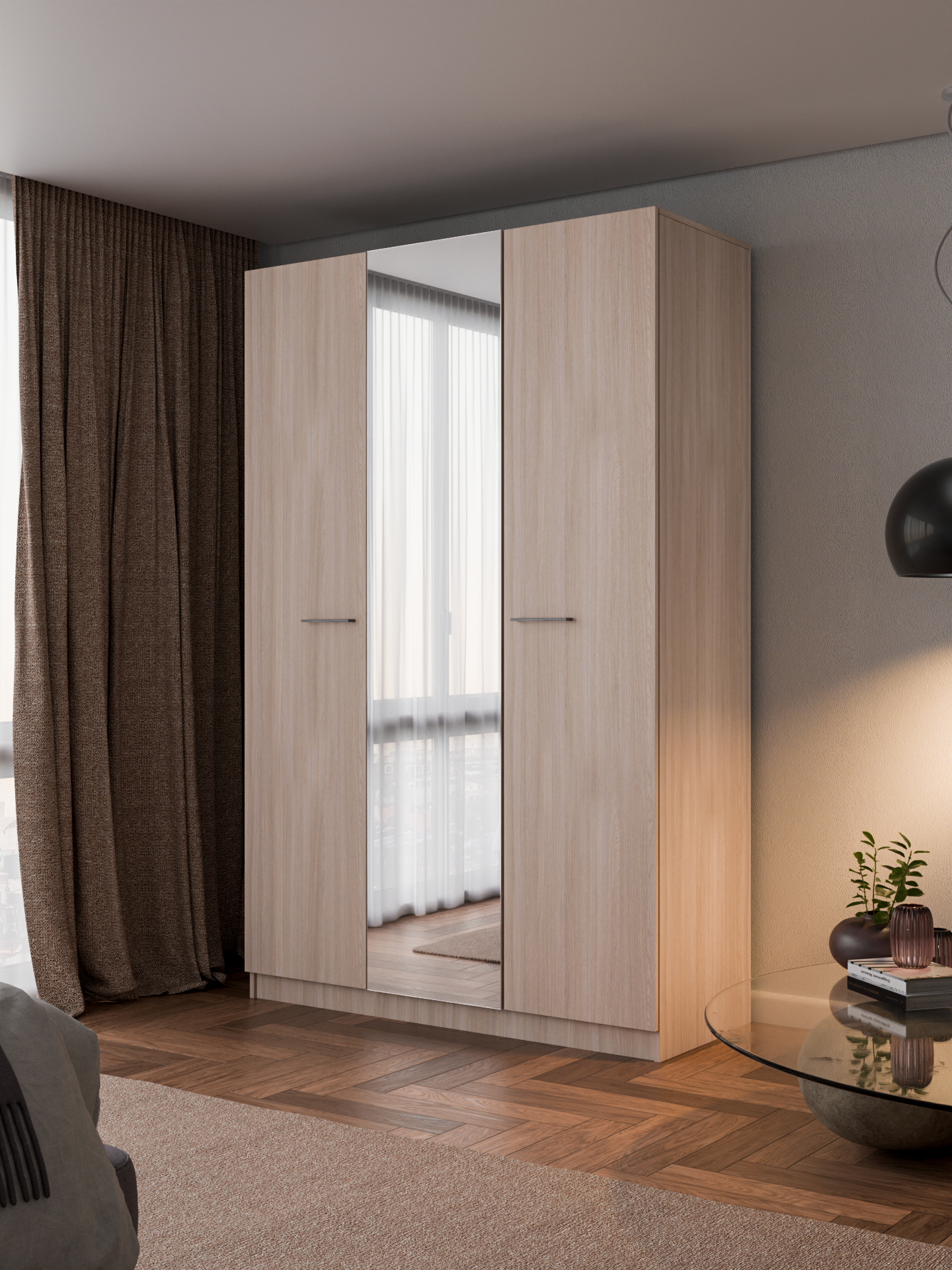 Шкаф распашной Оливия | Корпус ЛДСП Ясень светлый| Фасад ЛДСП Ясень светлый/Зеркало| Ручка металлическая