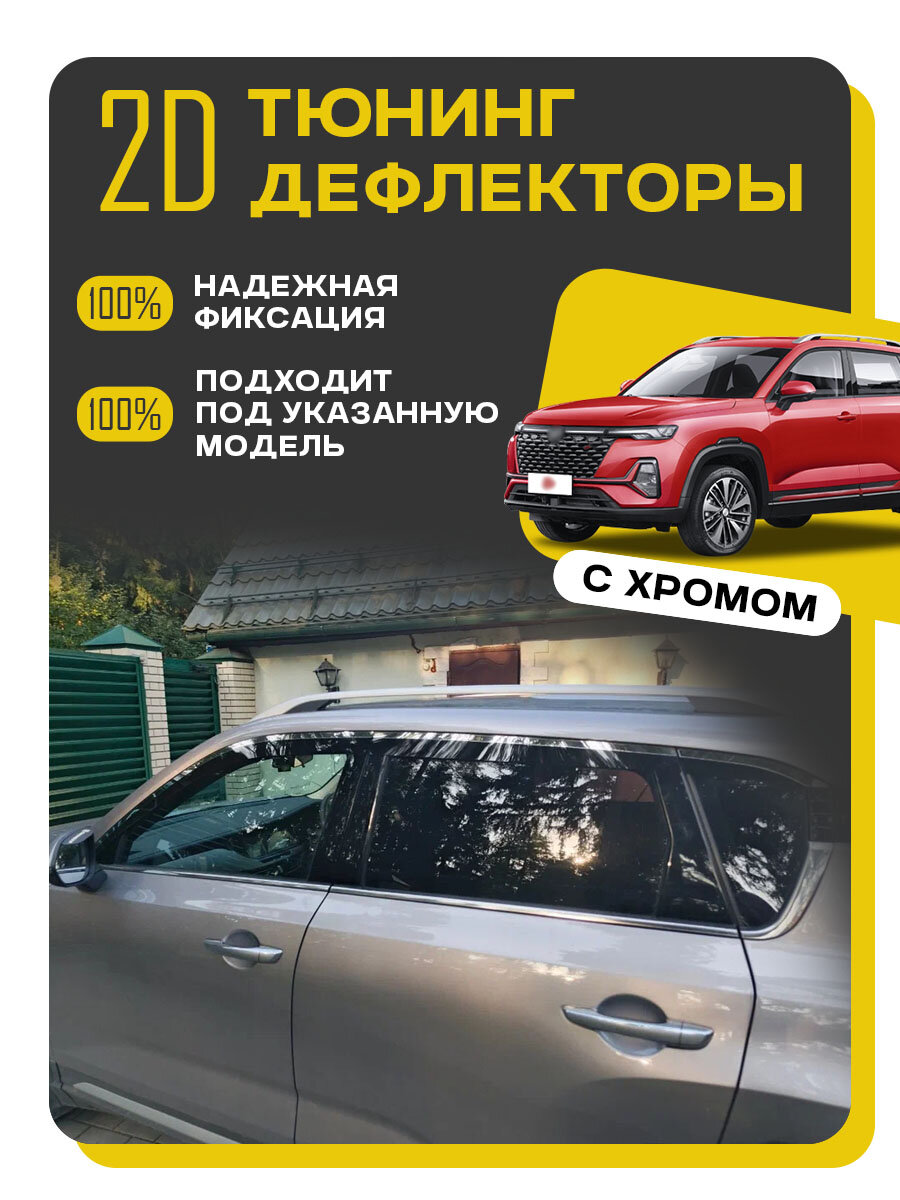 Плоские тюнинг дефлекторы с хромом для Changan CS35 PLUS (2018-2023) Ветровики, 2d дефлекторы на Чанган ЦС35 Плюс. Комплект 6 шт.