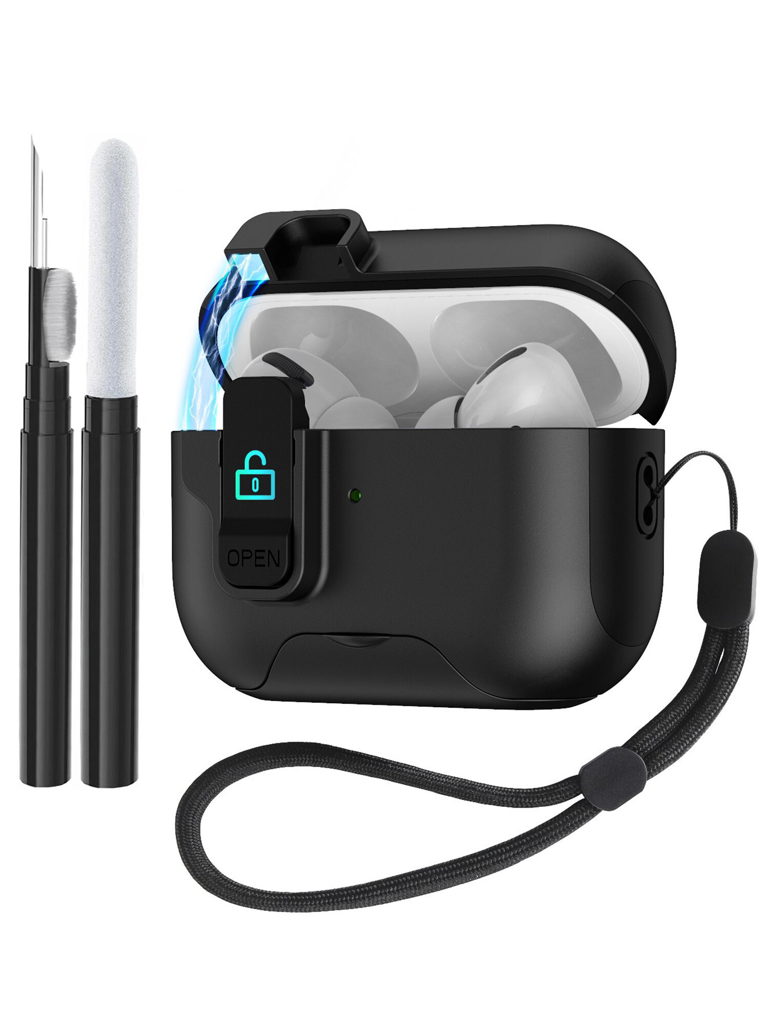 Чехол для наушников AirPods Pro2 (Аирподс Про 2 ) пластиковый с замком и шнурком + черная щетка, черный