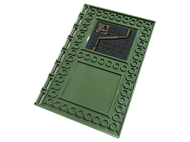 Tile, Modified 10 x 16 with Studs on Edges and Bar Handles with Drainpipe, Brick Wall and Wizard Portrait Pattern on Inside (Sticker) - Set 76383, 69934pb007 Sand Green N