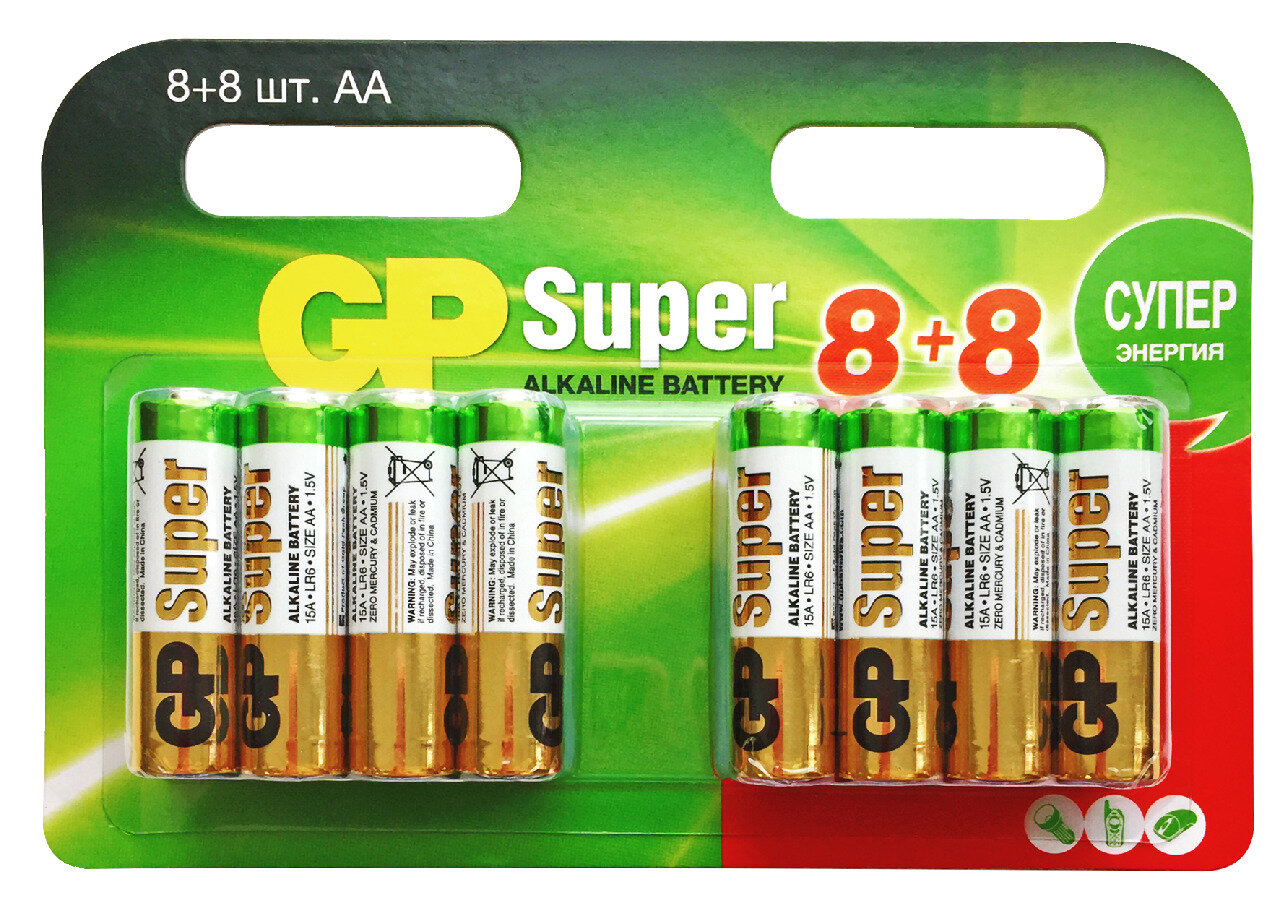 Батарейки GP Super Alkaline АА (8+8), 16шт, 651122