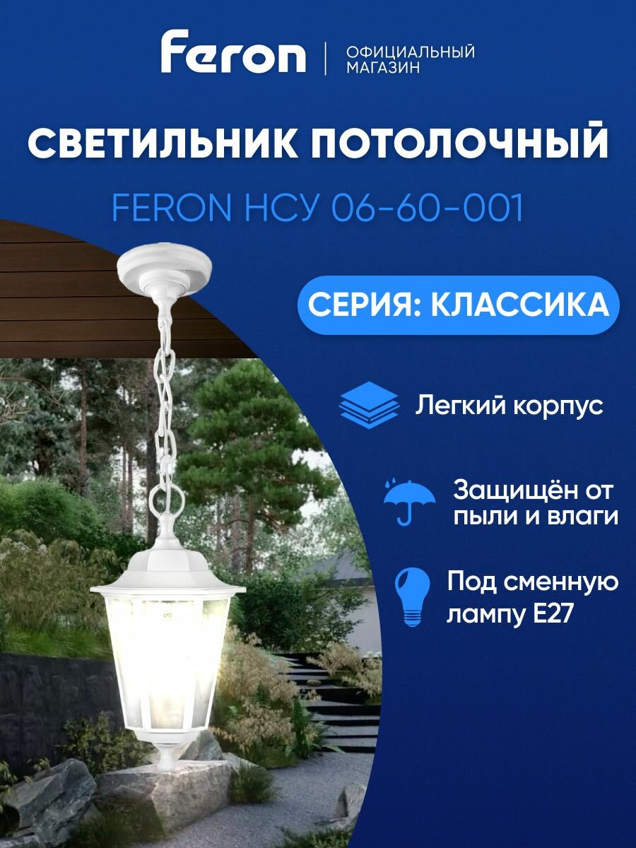 Светильник уличный потолочный E27 / Фонарь подвесной IP44 белый Feron НСУ 06-60-001 Классика 32270
