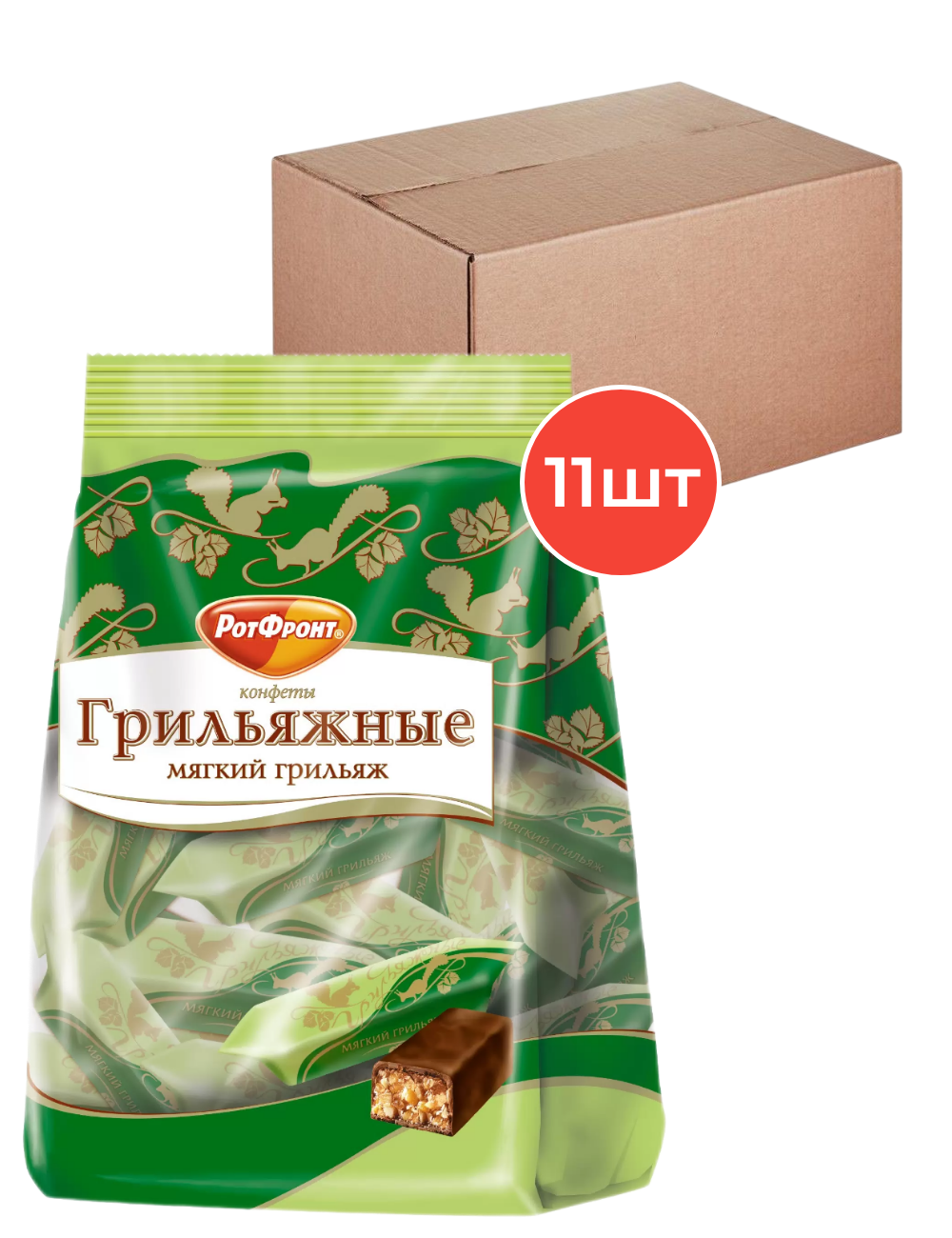 Конфеты Рот Фронт Грильяжные, мягкий грильяж, в шоколадной глазури, с арахисом, 200г 11шт