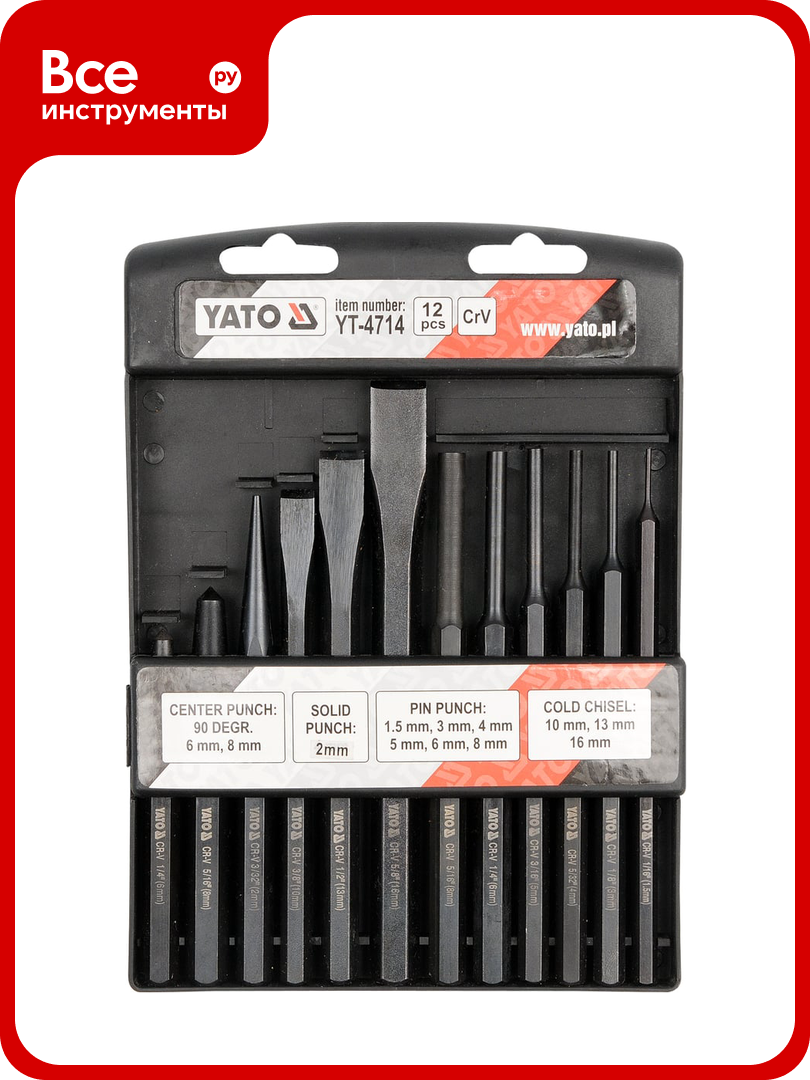 Набор зубил, пробойников и керн YATO 12пр YT-4714, сталь, для металлообработки: для резки