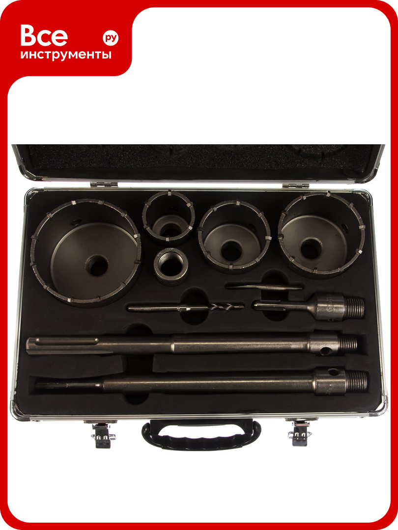 Набор коронок с оснасткой по бетону ЗУБР Профессионал 33, 50, 68, 82, 100 мм, кейс, 10 предметов 29185-H10 с твердосплавным покрытием