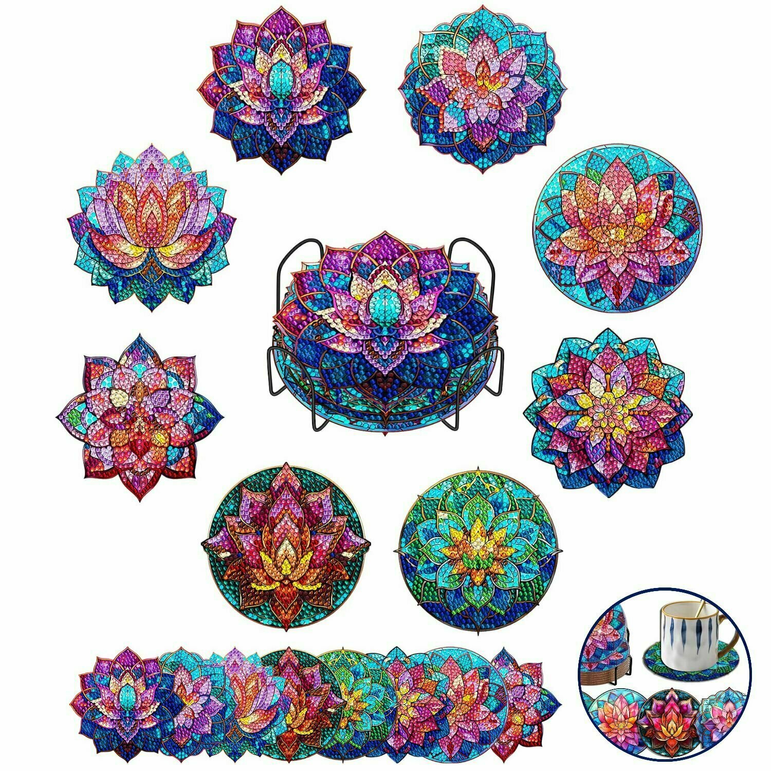 Алмазная мозаика подставки под кружки чашки / Алмазная вышивка стразами подстаканник 10x10 см, 8 шт(деревянное основа)