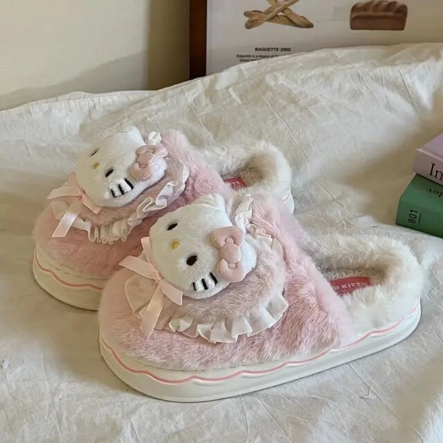 Sanrio Hello Kitty Cinnamoroll Kuromi плюшевые тапочки зимняя тенденция новая теплая домашняя обувь милые хлопковые тапочки в японском стиле для девочек
