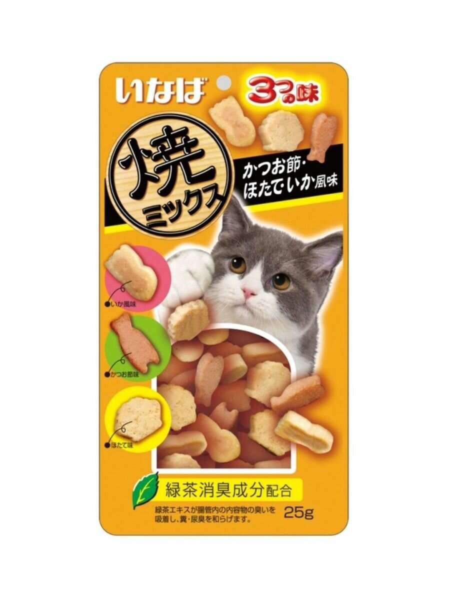 Лакомства для кошек и котов мягкое INABA / Инаба Yakimiksu ассорти запеченные cо вкусом кацуобуси, морского гребешка и кальмара, 25 гр х 1 шт