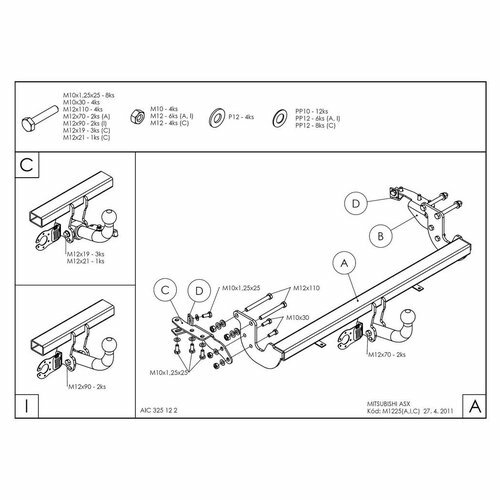 Фаркоп оцинкованный Mitsubishi Eclipse Cross 2018-, Mitsubishi ASX 2010-2022, Citroen C4 Aircross 20 GALIA M122C