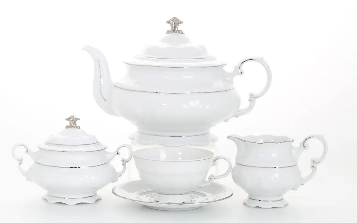 Чайный сервиз Leander "Чайный Сервиз Платиновая Отводка" - Фарфор, Серый, Белый, Коллекция Классический