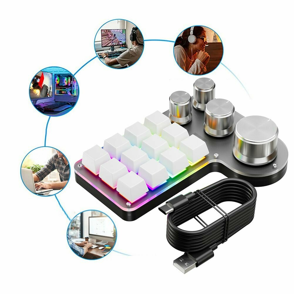Настраиваемая многофункциональная клавиатура, 12 клавиш + 4 регулятора громкости, световой эффект RGB, программируемый рисунок PS (проводная модель)
