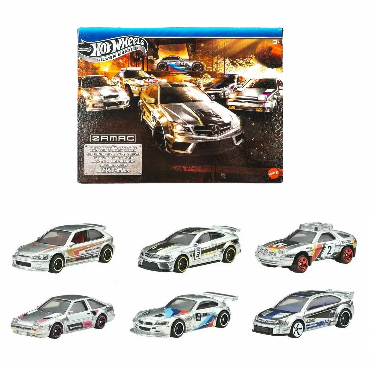 Набор машинок Hot Wheels ZAMAC 6 шт: Mercedes-Benz C 63, AMG Coupe, '99 Honda Civic Type R, Porsche 928S Safari, BMW Z4 M, '08 Ford Focus, Toyota AE86 Sprinter Trueno