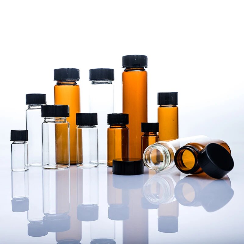 5 шт./партия, стеклянные флаконы с пластиковой крышкой, 3 мл, 5 мл, 10 мл, 15 мл, 20 мл, 30 мл, 40 мл, 50 мл (прозрачные/коричневые)