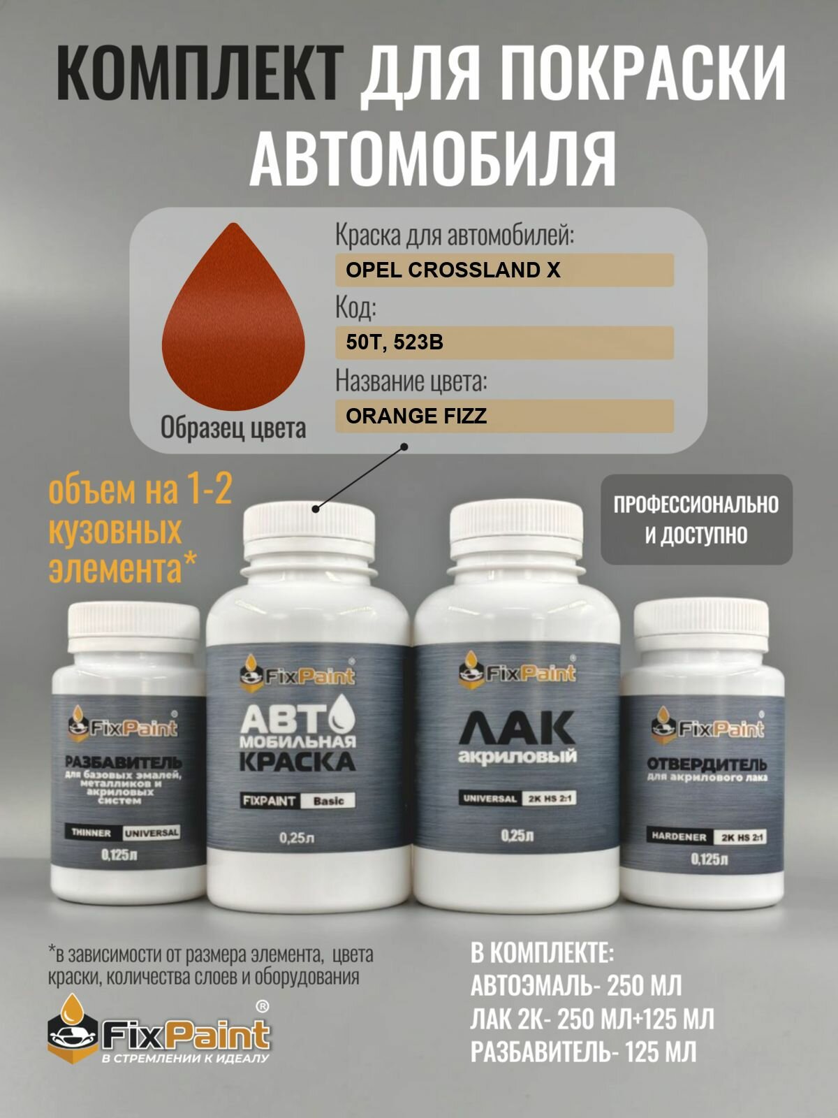 Комплект для покраски OPEL CROSSLAND X, код 50T, 523B, ORANGE FIZZ, базовая автомобильная краска 250 мл, лак 2K 250 мл с отвердителем, разбавитель 125 мл, FixPaint Pro