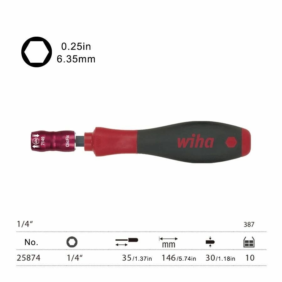 WIHA, 1/4' Шестигранная отвертка бит, фиксатор рукоятки сильный магнитный нескользящий 25874